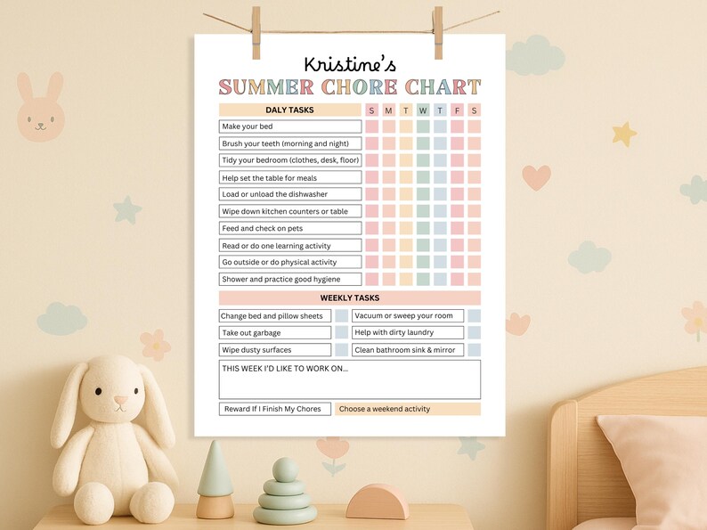 Editable Summer Chore Chart for Kids and Teens, Printable ...