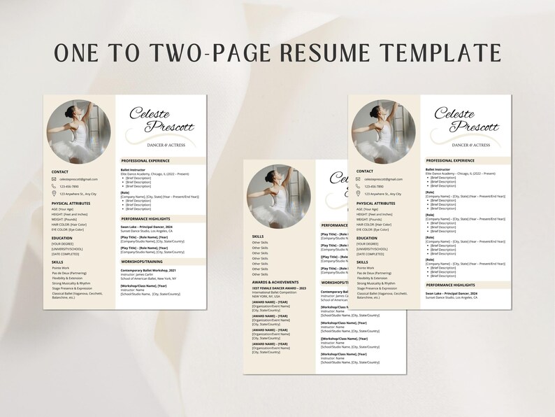 Ballet Dancer Resume Template With Headshot and Cover Photo, Dance ...