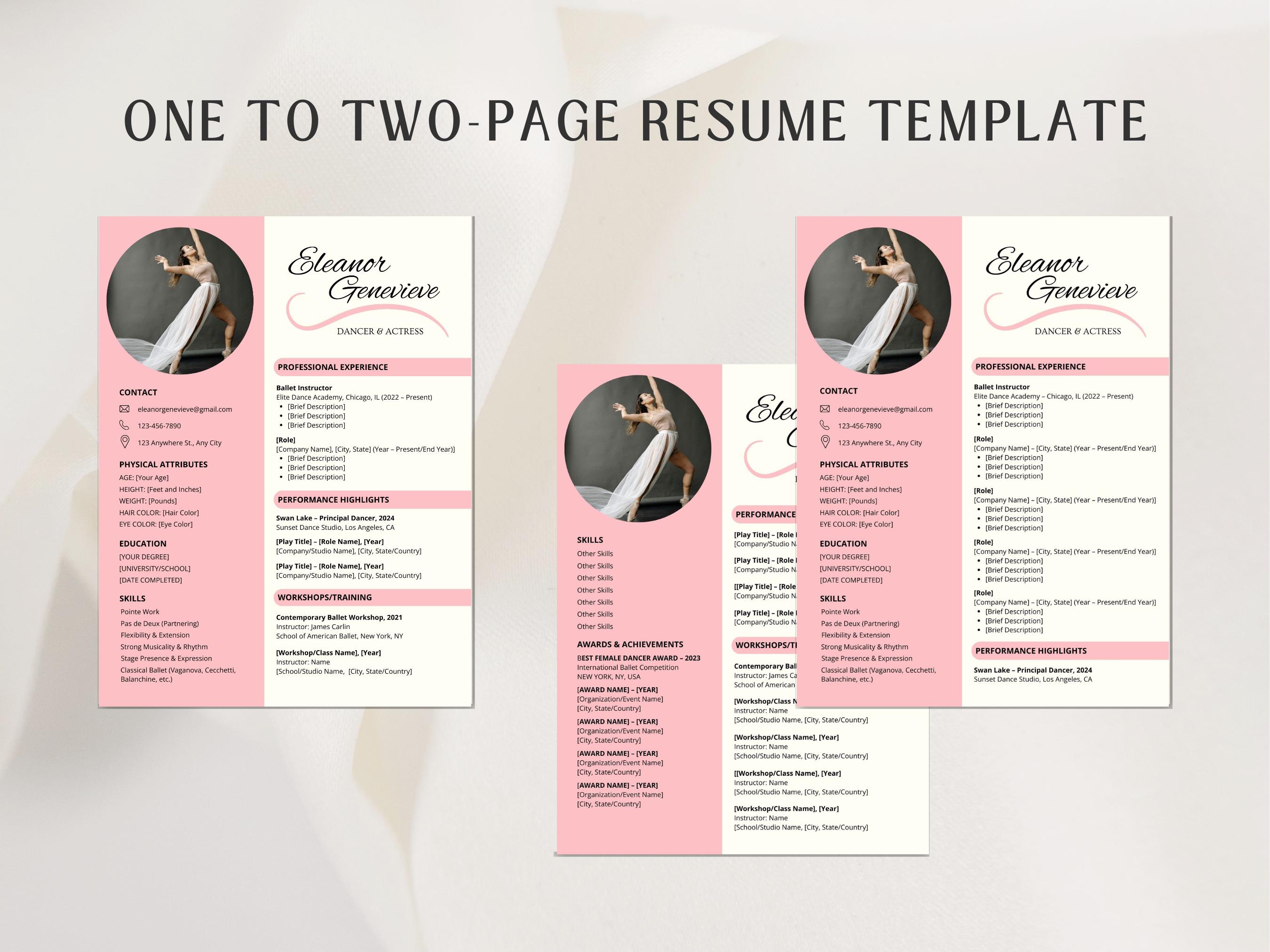 Ballet Dancer Resume Template With Headshot and Cover Photo | One to ...