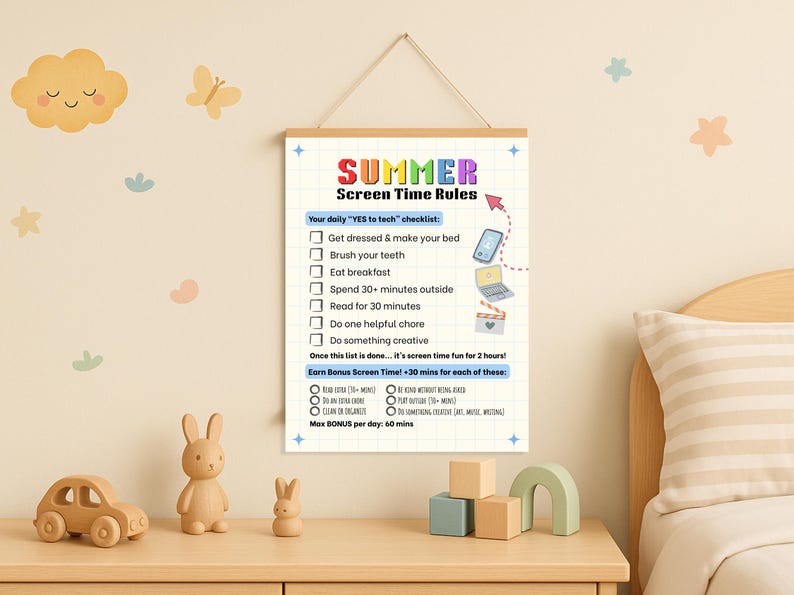 Editable Kids Summer Screentime Chart Summer Screen Time Rules Tracker ...
