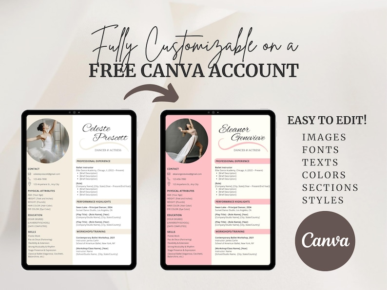 Ballet Dancer Resume Template With Headshot and Cover Photo, Dance ...
