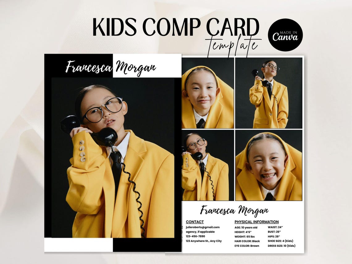 Kids Model Comp Card Template | Editable Child Actor Photo Card, Kids ...