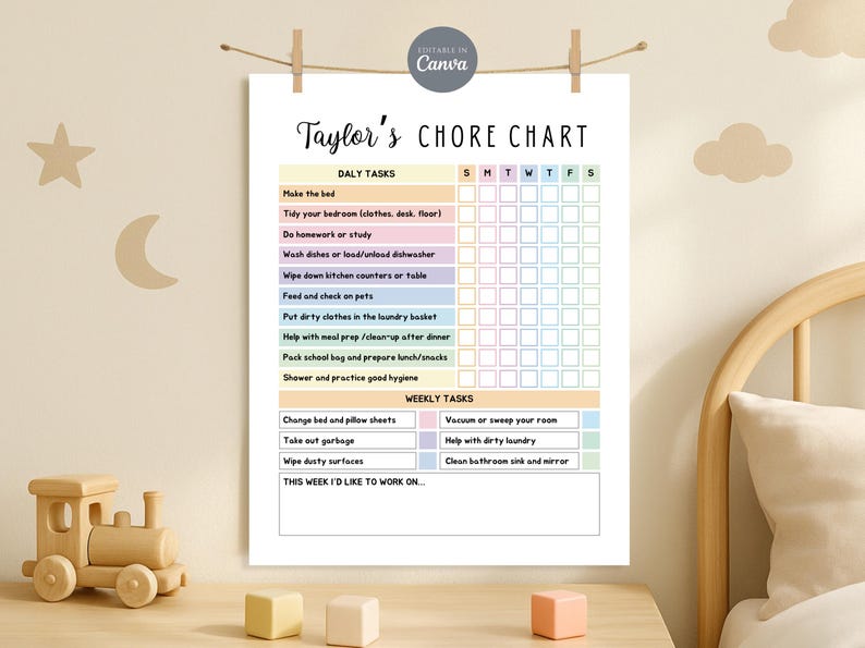 Editable Weekly Chore Chart Kids Teens Tweens Pre-teens Daily and ...