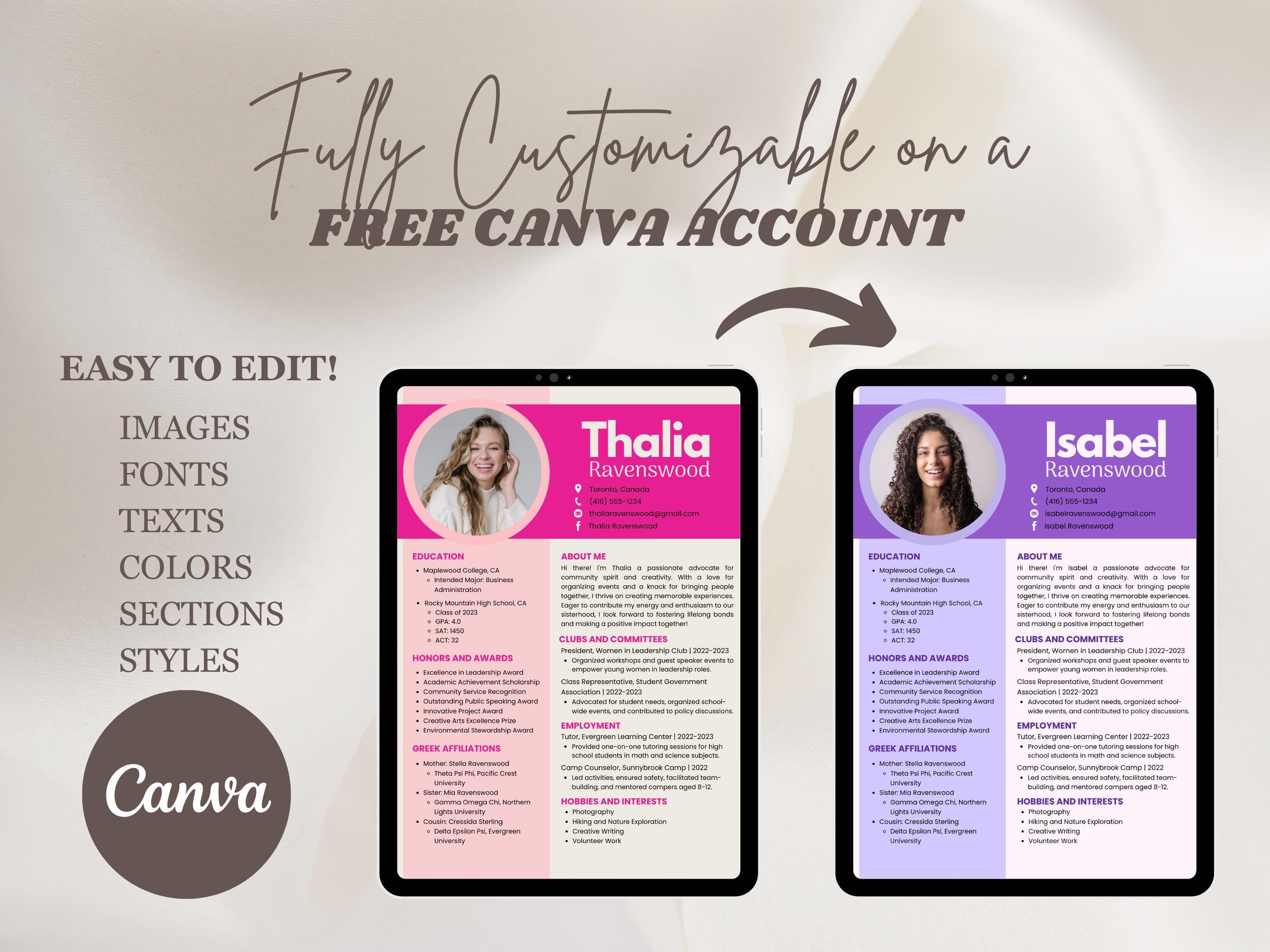 Sorority Resume Template and Cover Letter | Pink Editable Canva ...