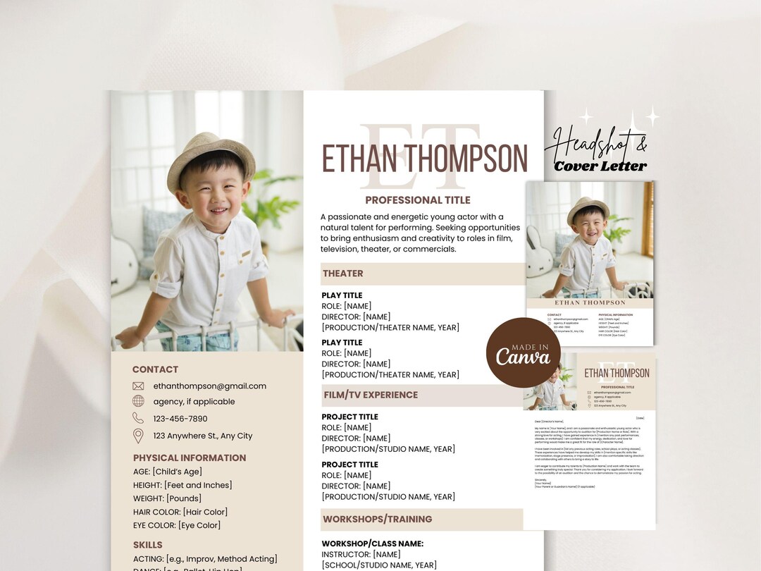 Child Actor Resume Template, Acting Kid Resume With Headshot and Cover ...
