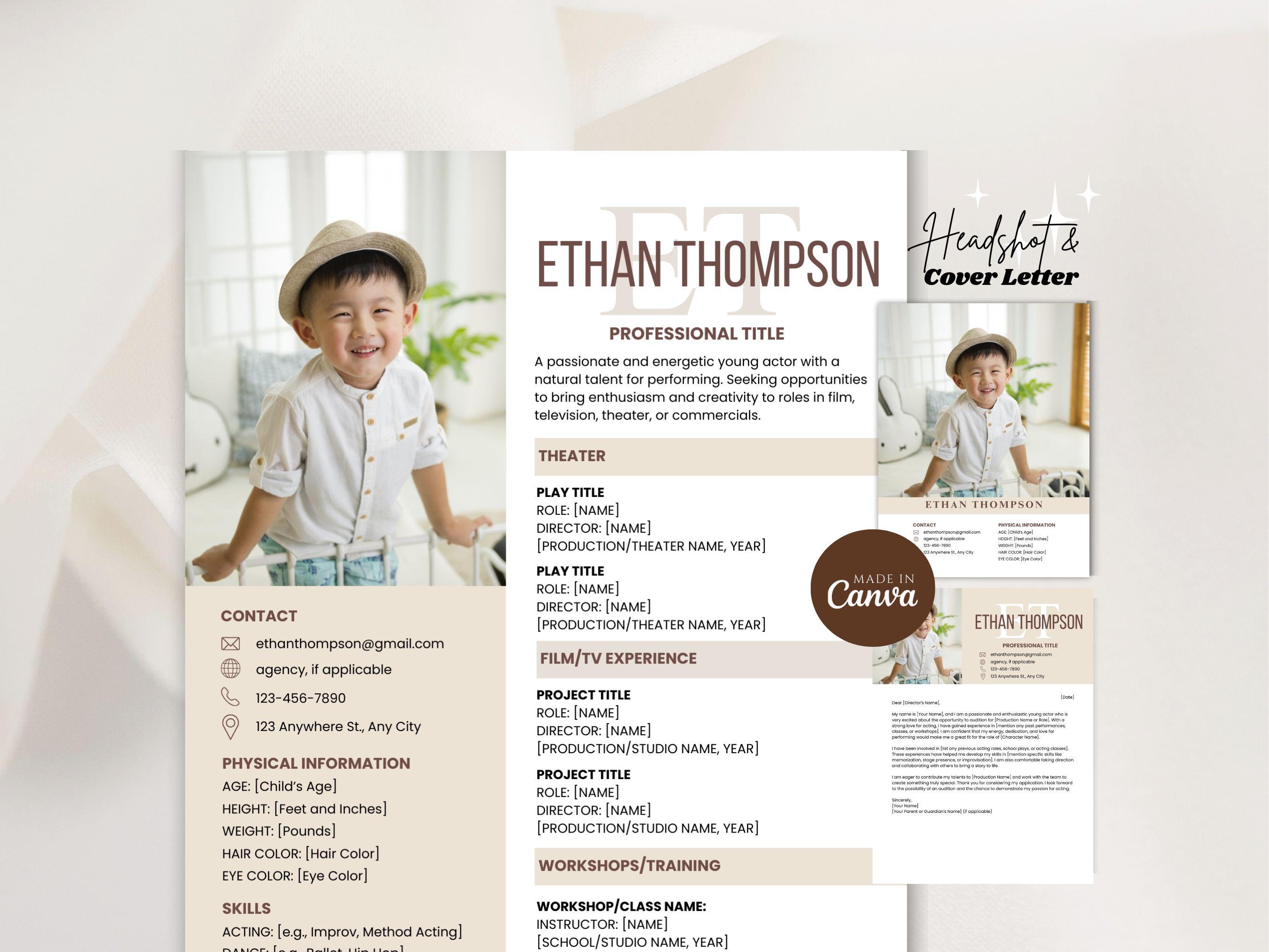 Child Actor Resume Template, Acting Kid Resume With Headshot and Cover ...