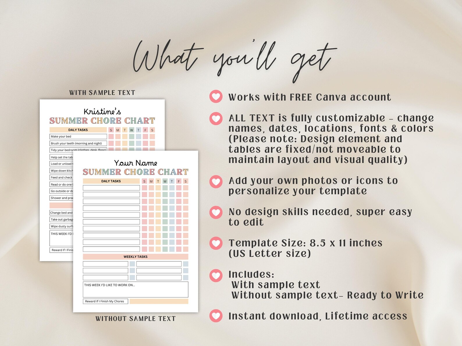 Editable Summer Chore Chart for Kids and Teens, Printable ...