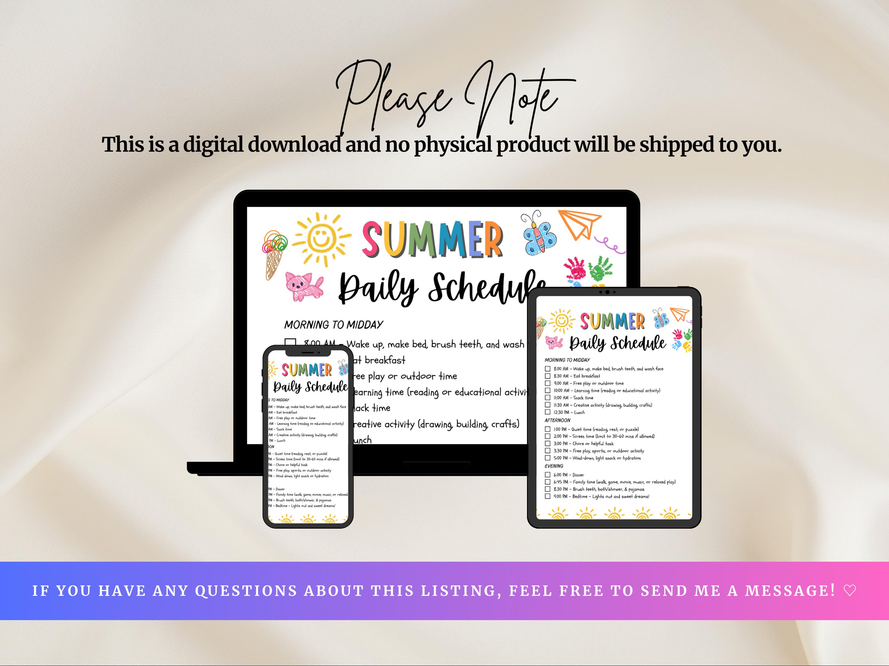 Editable Kids Daily Summer Schedule Template Planner Checklist ...