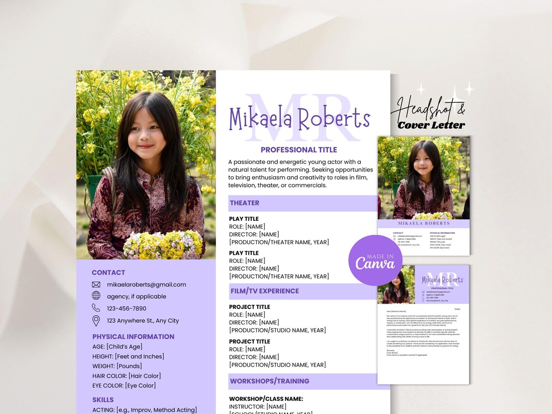Child Actor Resume Template, Acting Kid Resume With Headshot and Cover ...