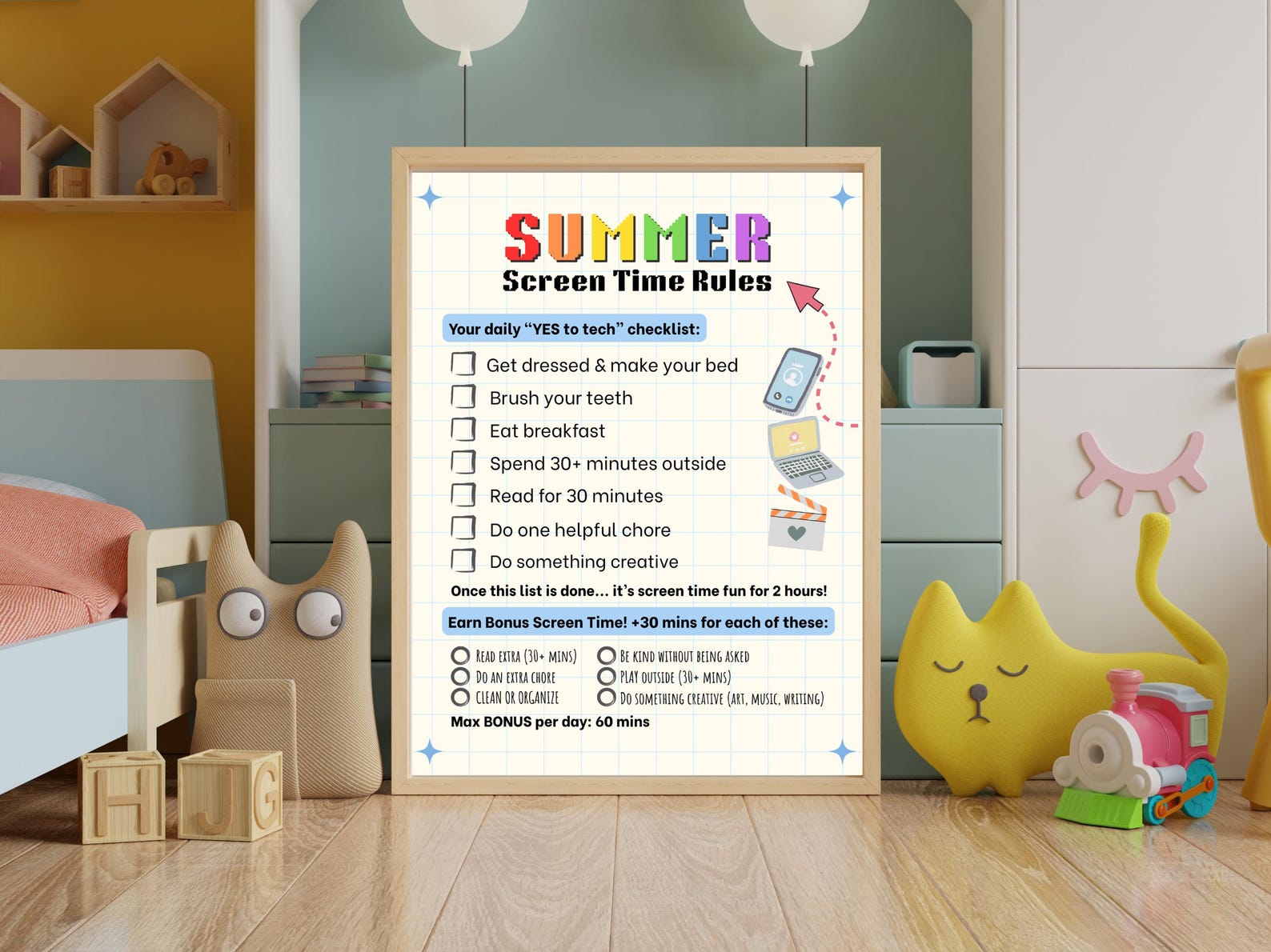 Editable Kids Summer Screentime Chart Summer Screen Time Rules Tracker ...