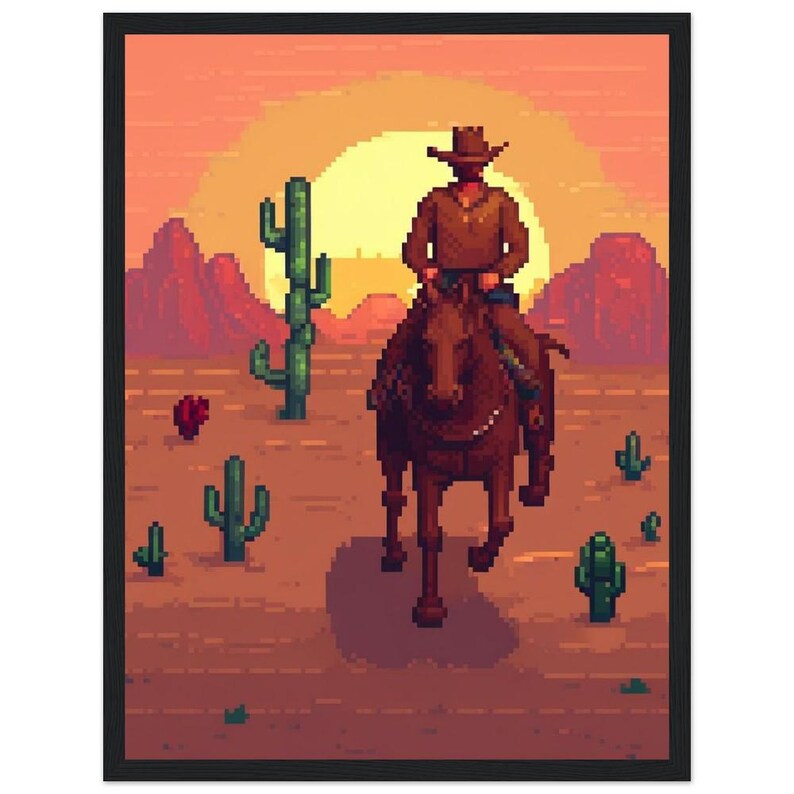 Pixel Art Cowboy Riding Into Sunset Classic Matte Paper Wooden Framed ...