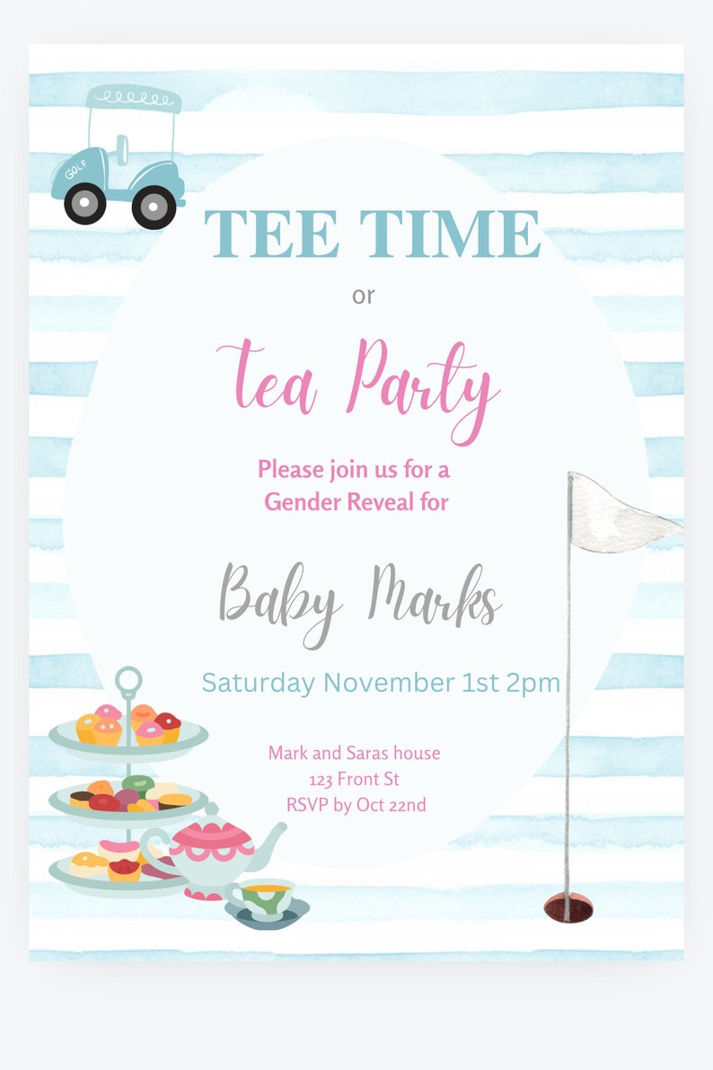 Tee Time or Tee Party Theme Baby Gender Reveal Invitation Golf or Tea ...