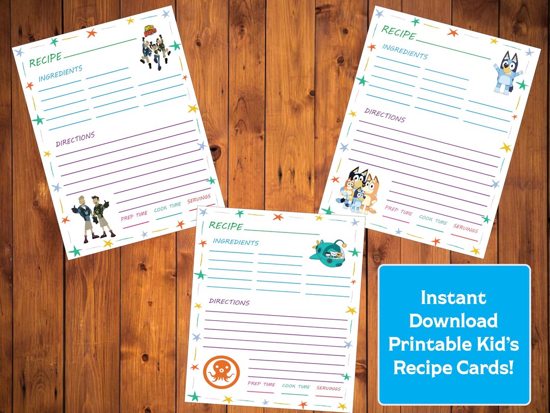 Kids Printable, Fillable Recipe Cards, Blank Recipe Cards, Featuring ...