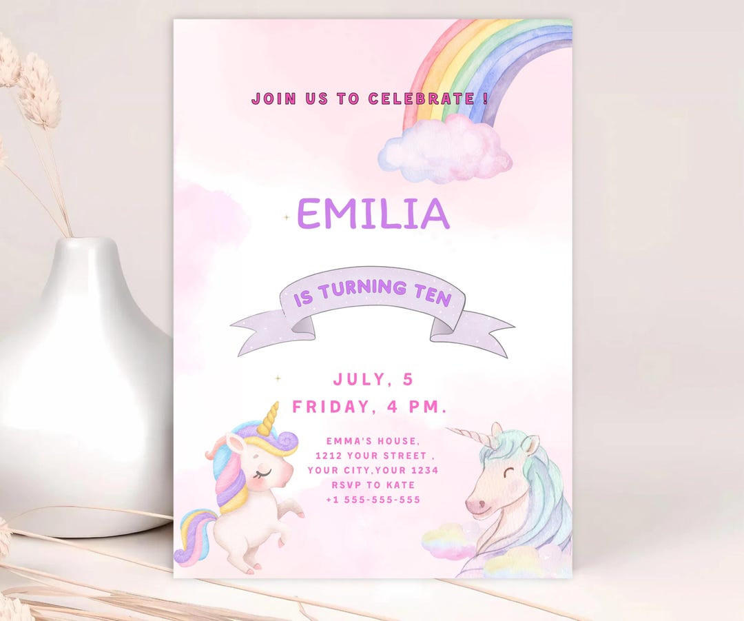 Editable Unicorn Rainbow Invitation, Printable Unicorn Rainbow Birthday ...