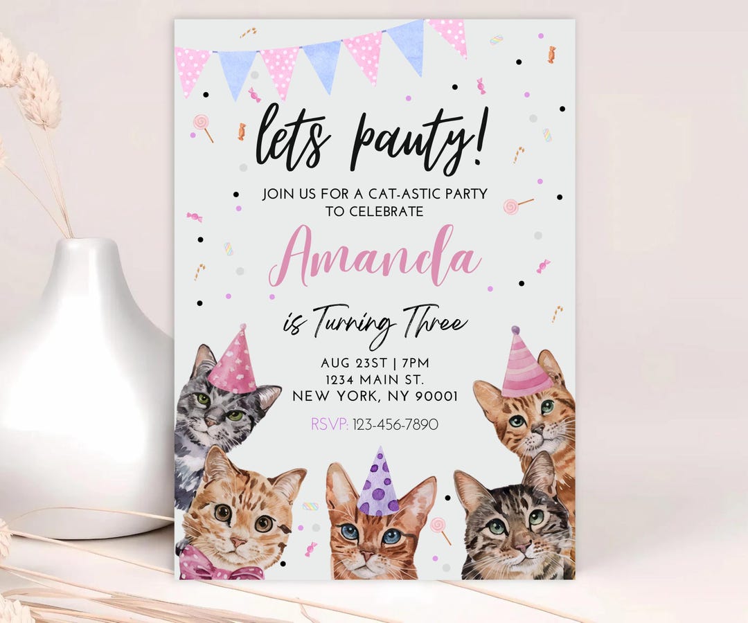 Editable Cat Birthday Invitation, Cats Themed Birthday Invite, Cat ...
