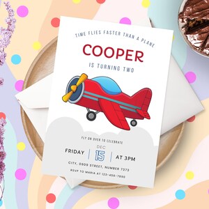 Editable Airplane Birthday Invitation | Red Plane Party Template ...