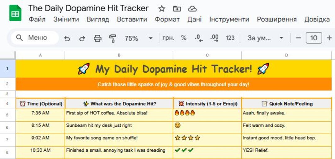 Daily Dopamine Hit Tracker! Fun & Simple Mood Booster Google Sheet ...