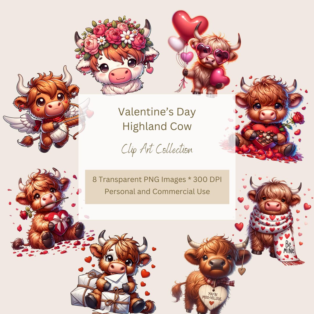 Valentine's Day Highland Cow Clipart, Cute Pngs for Cards, Crafts ...
