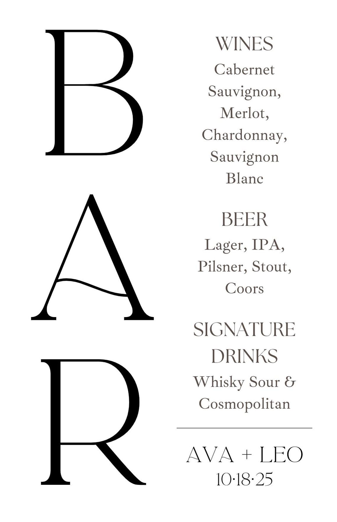 Minimal Bar Menu, Minimal Wedding Sign, Signature Drink Sign, Wedding ...