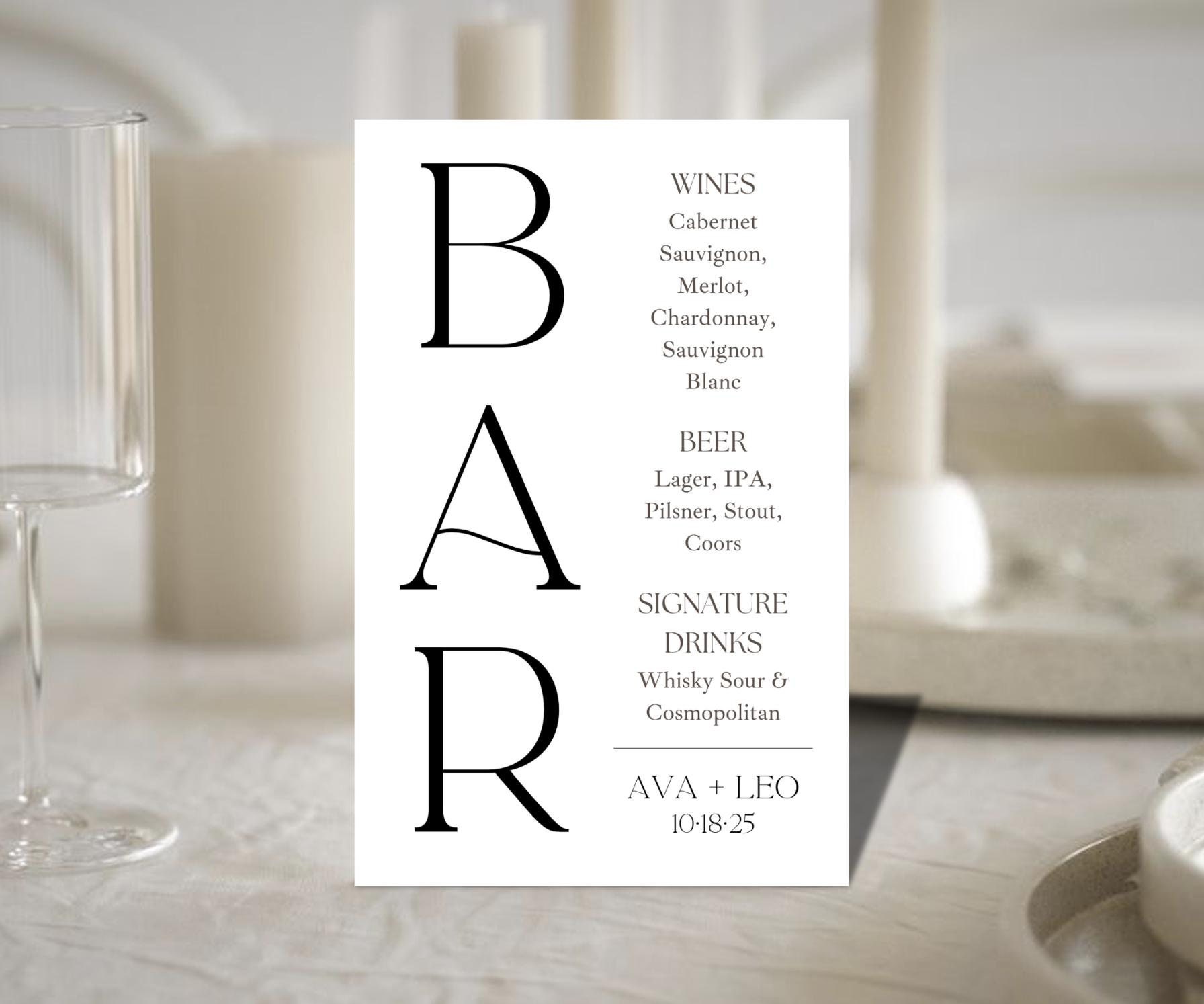Minimal Bar Menu, Minimal Wedding Sign, Signature Drink Sign, Wedding ...