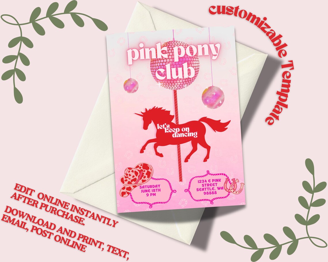 Pink Pony Club Party Invitation, Pink Pony Club Party Printable ...