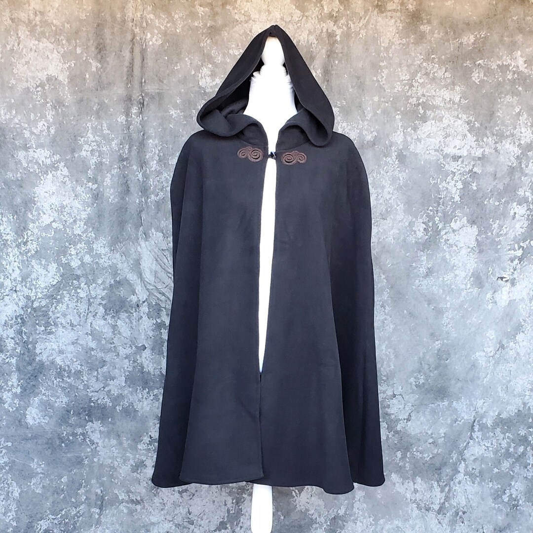 Black Hooded Cloak With Brown Embroidered Clasp, Fleece Hooded Cloak ...