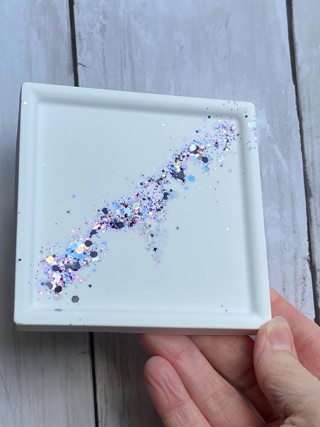 White Trinket Tray, Holographic Glitter, Modern, Eco Resin Jewelry Tray ...