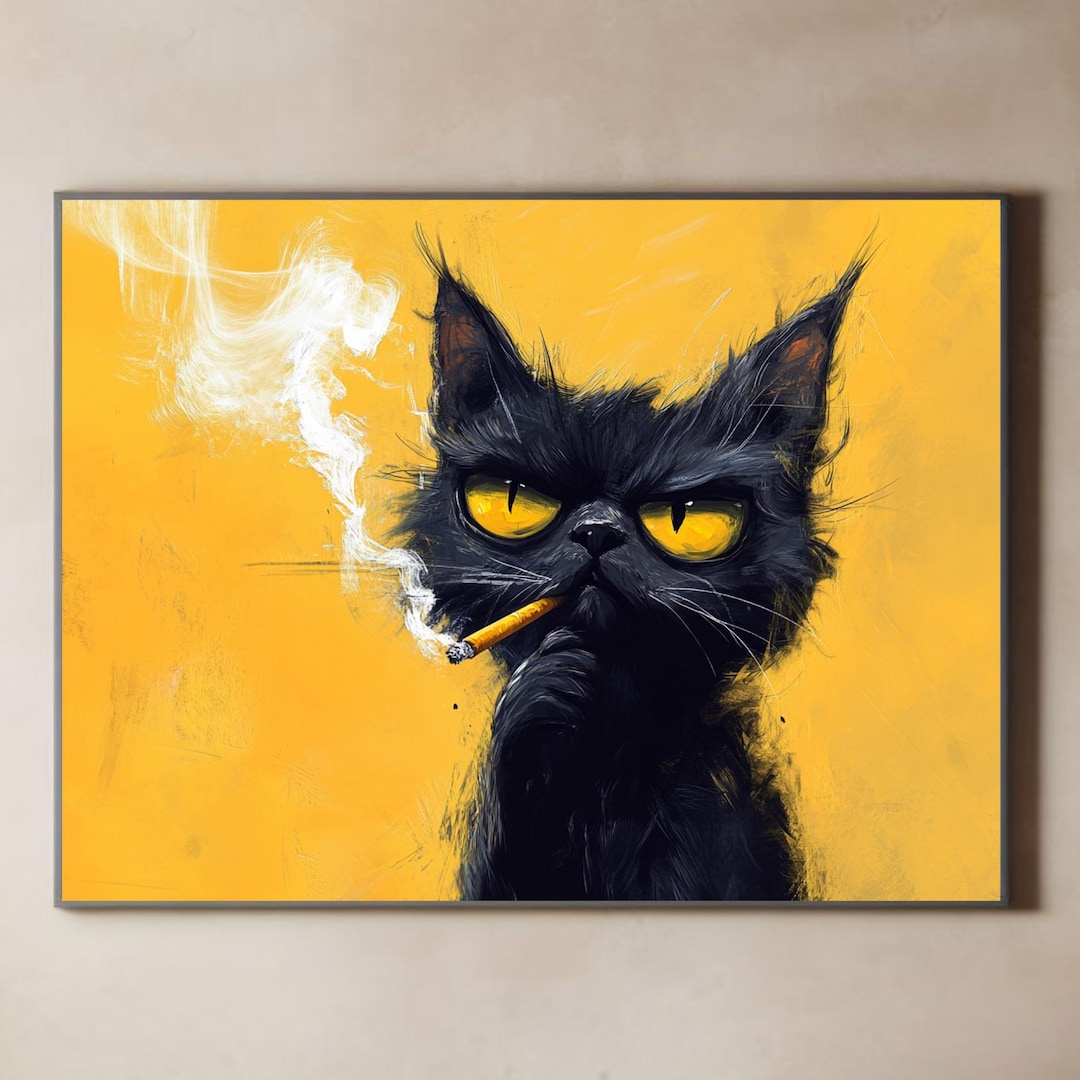 Cuadro de gato negro, gato fumando un cigarrillo, arte mural de gato ...