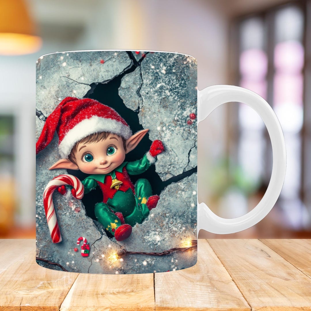 3D Elf Mug Wrap, 3D Christmas Mug Wrap Sublimation Design PNG, 3D Crack ...