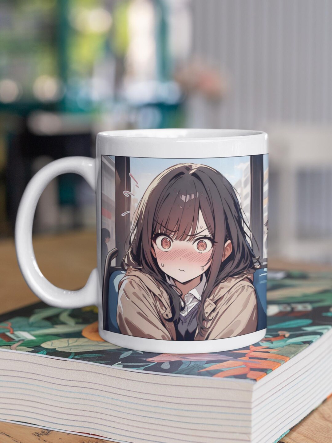 Anime Blush Mug - Embarrassed Girl on Bus Coffee Cup, Cute Reaction ...