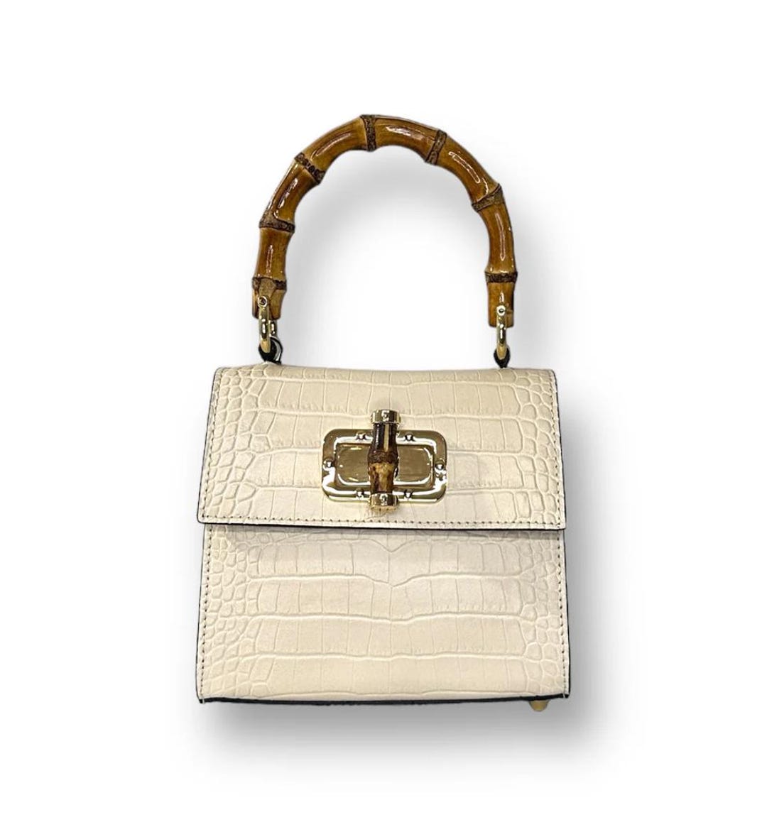 Croc Embossed Leather Handbag With Bamboo Handle - Etsy