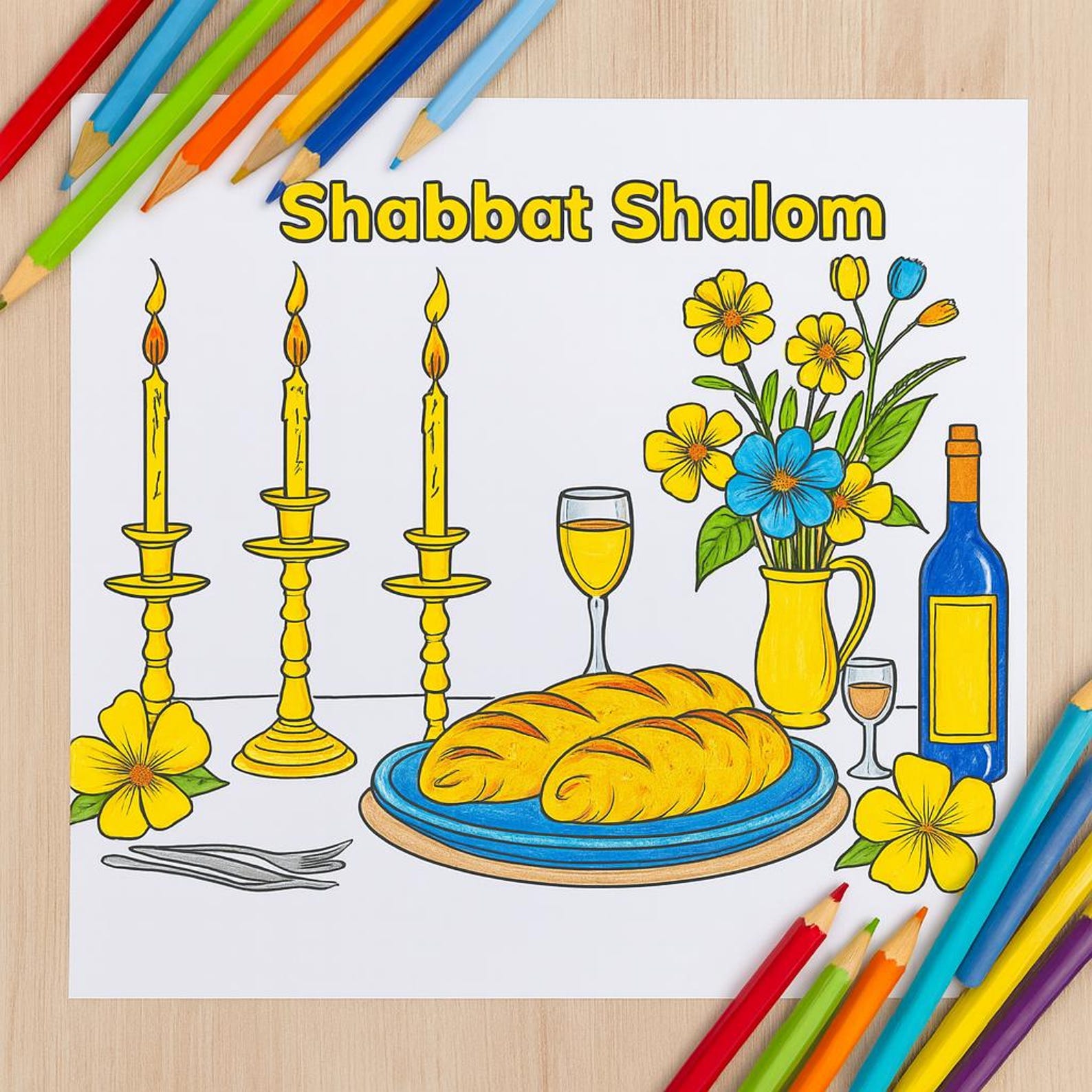Shabbat Shalom Coloring Page – Printable Jewish Sabbath Table With ...