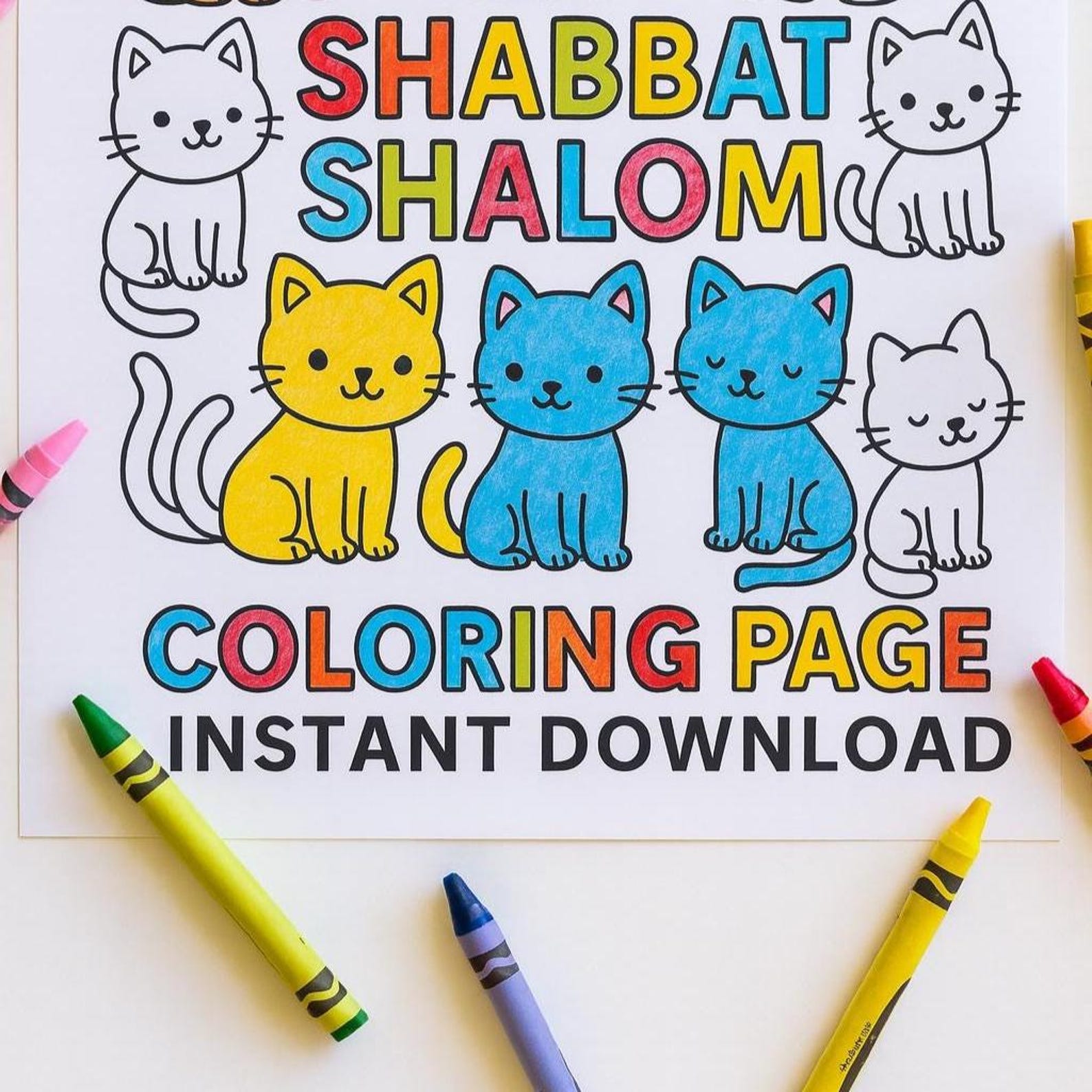 Shabbat Shalom Coloring Page | Cute Cats Jewish Printable | Sabbath ...