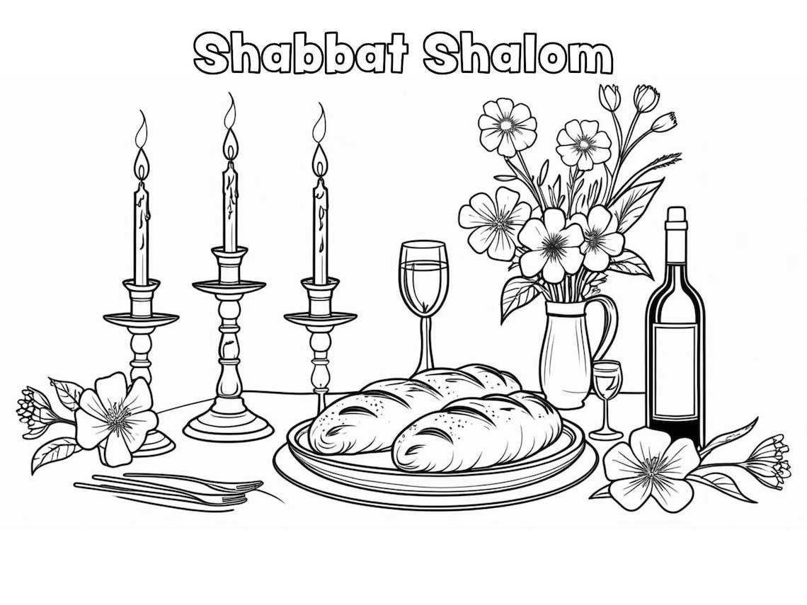 Shabbat Shalom Coloring Page – Printable Jewish Sabbath Table With ...