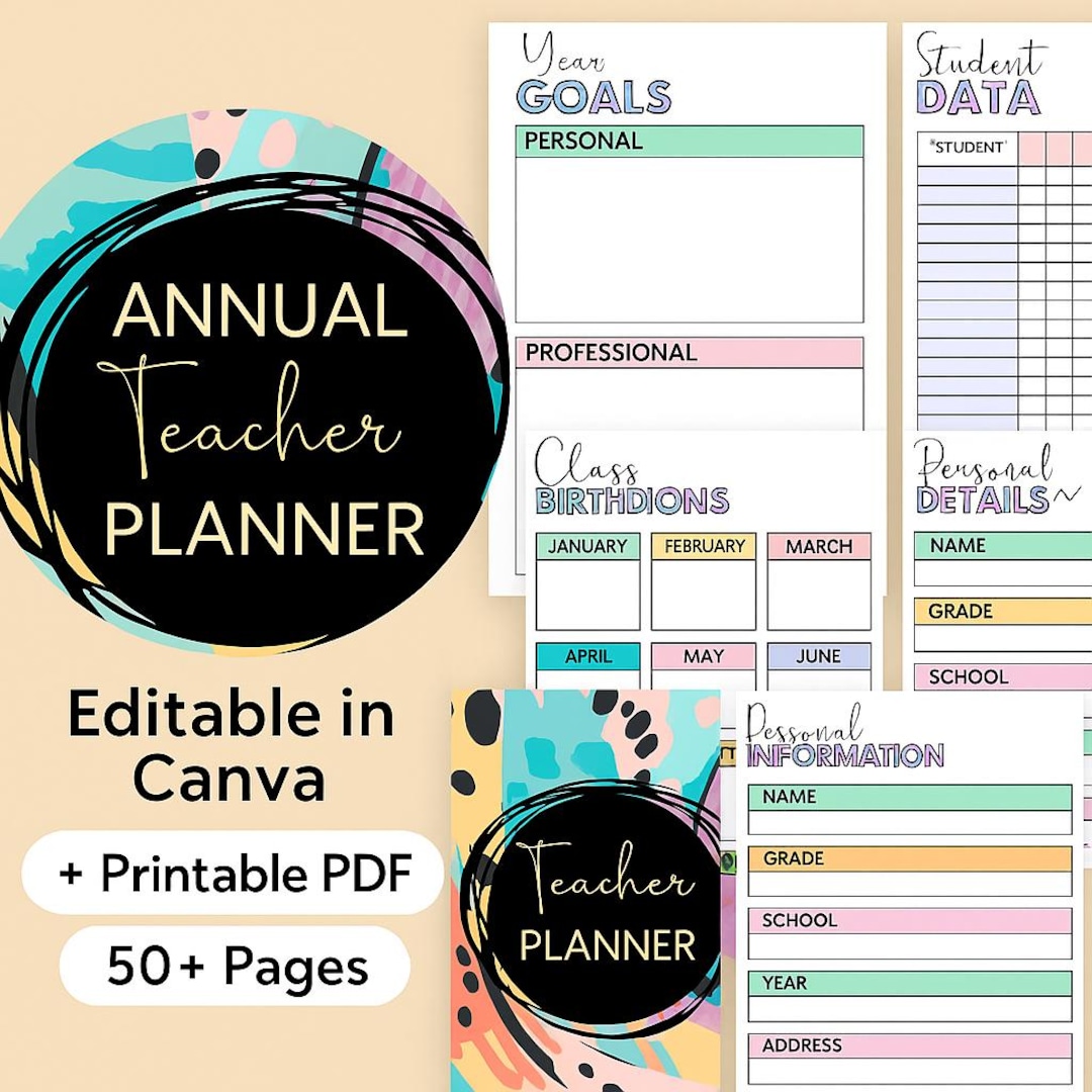 Editable Teacher Annual Planner | Canva Template + Printable PDF ...