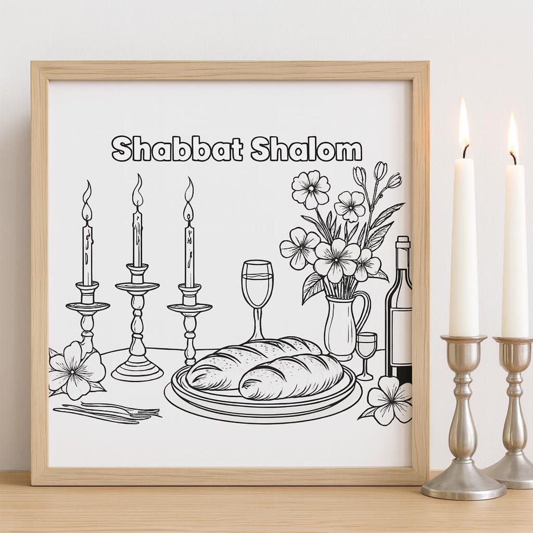 Shabbat Shalom Coloring Page – Printable Jewish Sabbath Table With ...