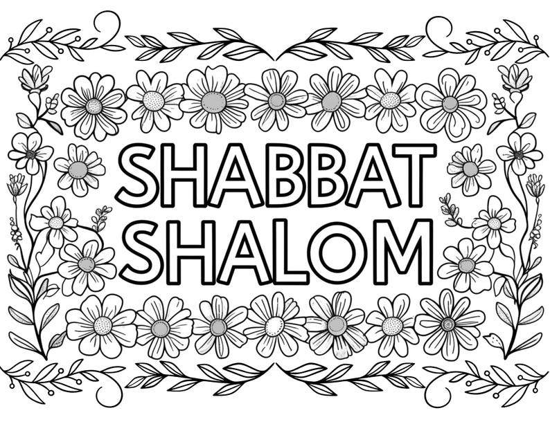 Shabbat Shalom Coloring Page – Printable Floral Judaica Art, Shabbat ...