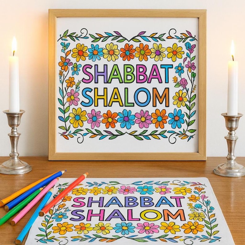 Shabbat Shalom Coloring Page – Printable Floral Judaica Art, Shabbat ...