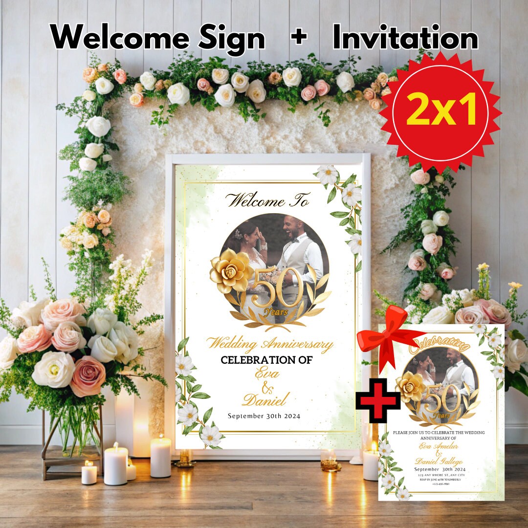 50th Wedding Anniversary Invitation With Photo and Welcome Sign ...