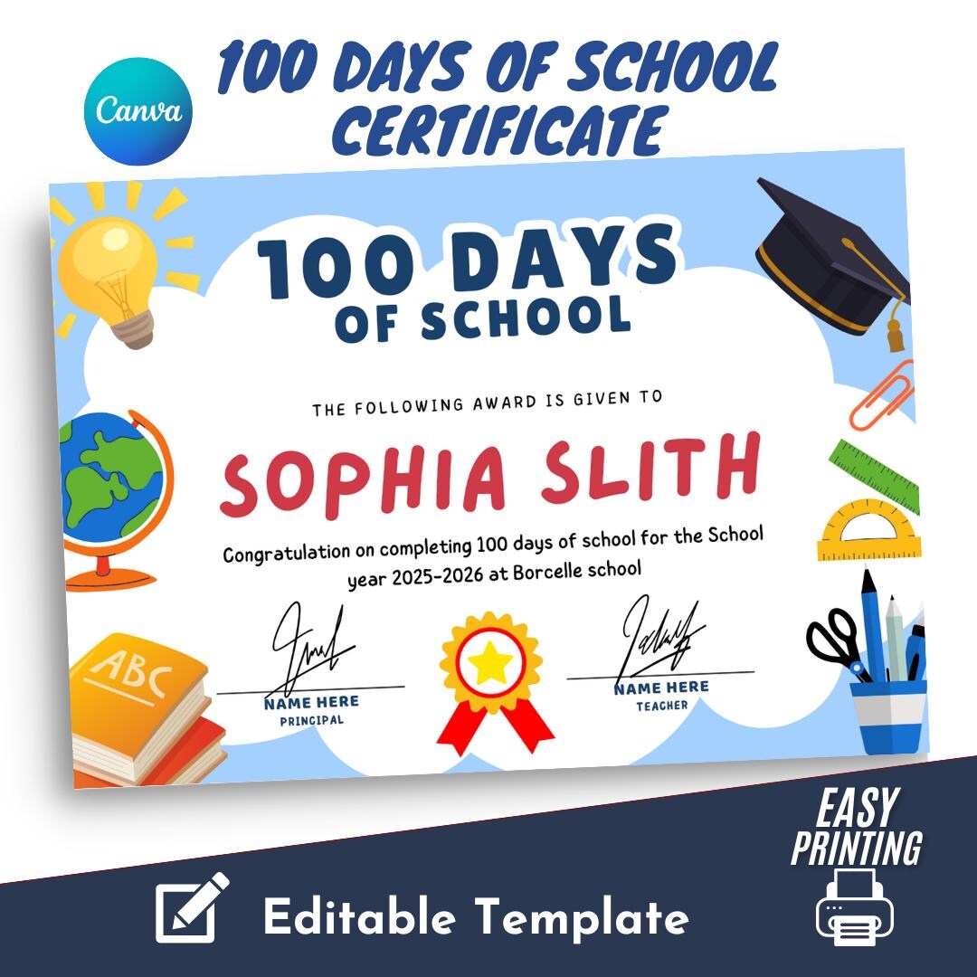 100 Days of School Certificate, Certificate of Completion, 100 Days ...