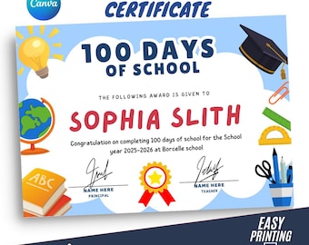 100 Days of School Certificate of Completion, Teacher Printable for ...