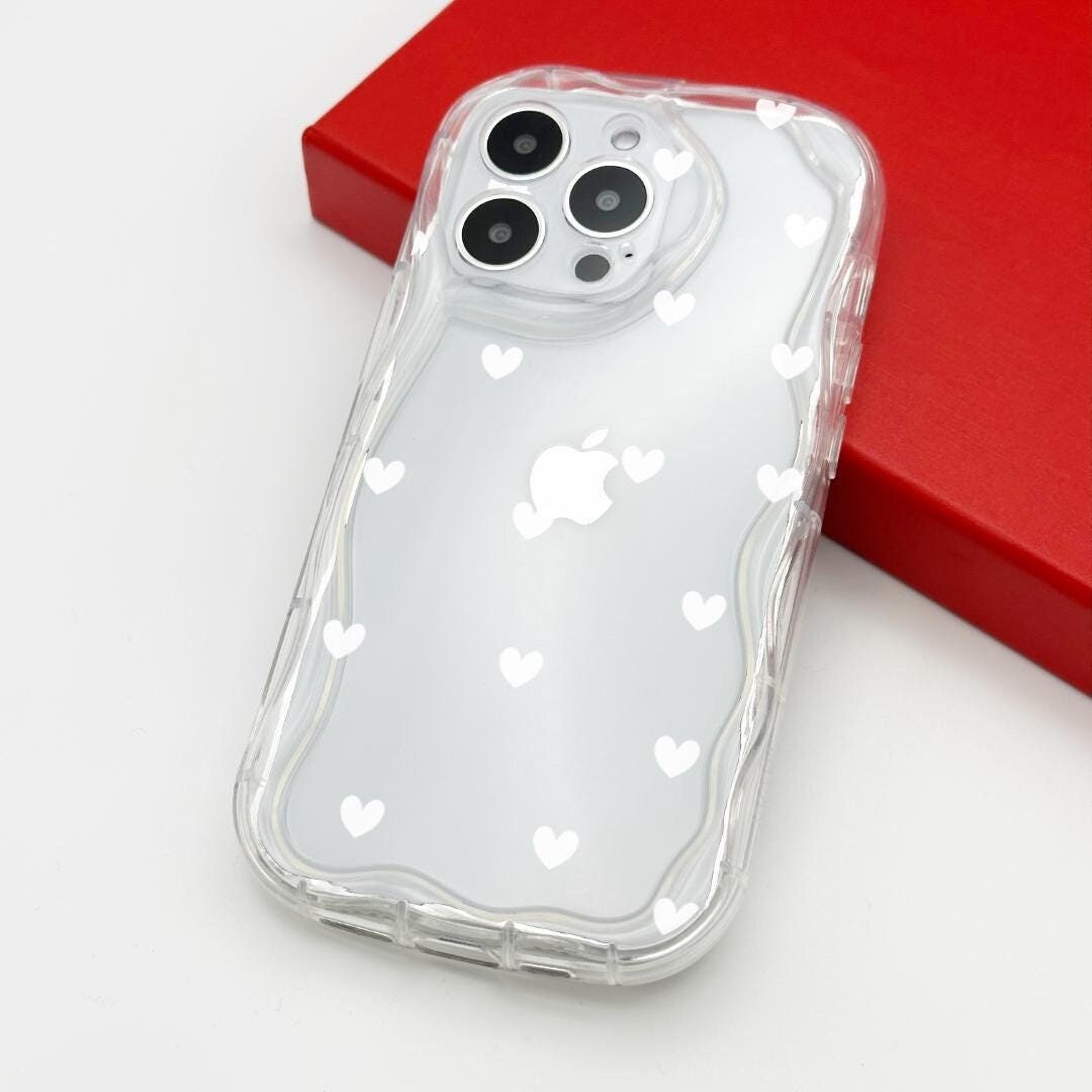 White Heart Wavy Curved Clear Phone Case for iPhone 16 15 14 13 12 11 ...