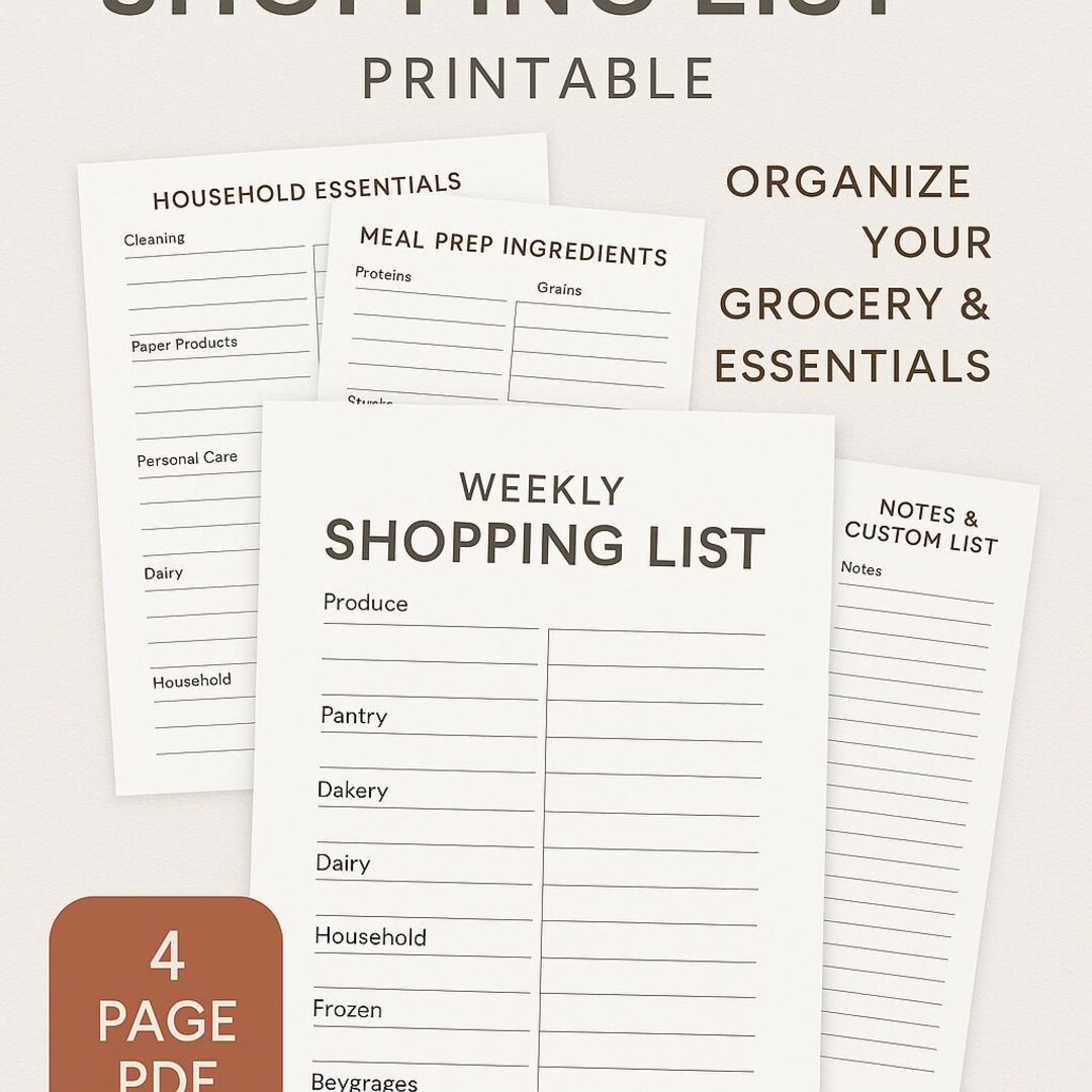 Printable Shopping List PDF | Grocery List Template | Household & Meal ...