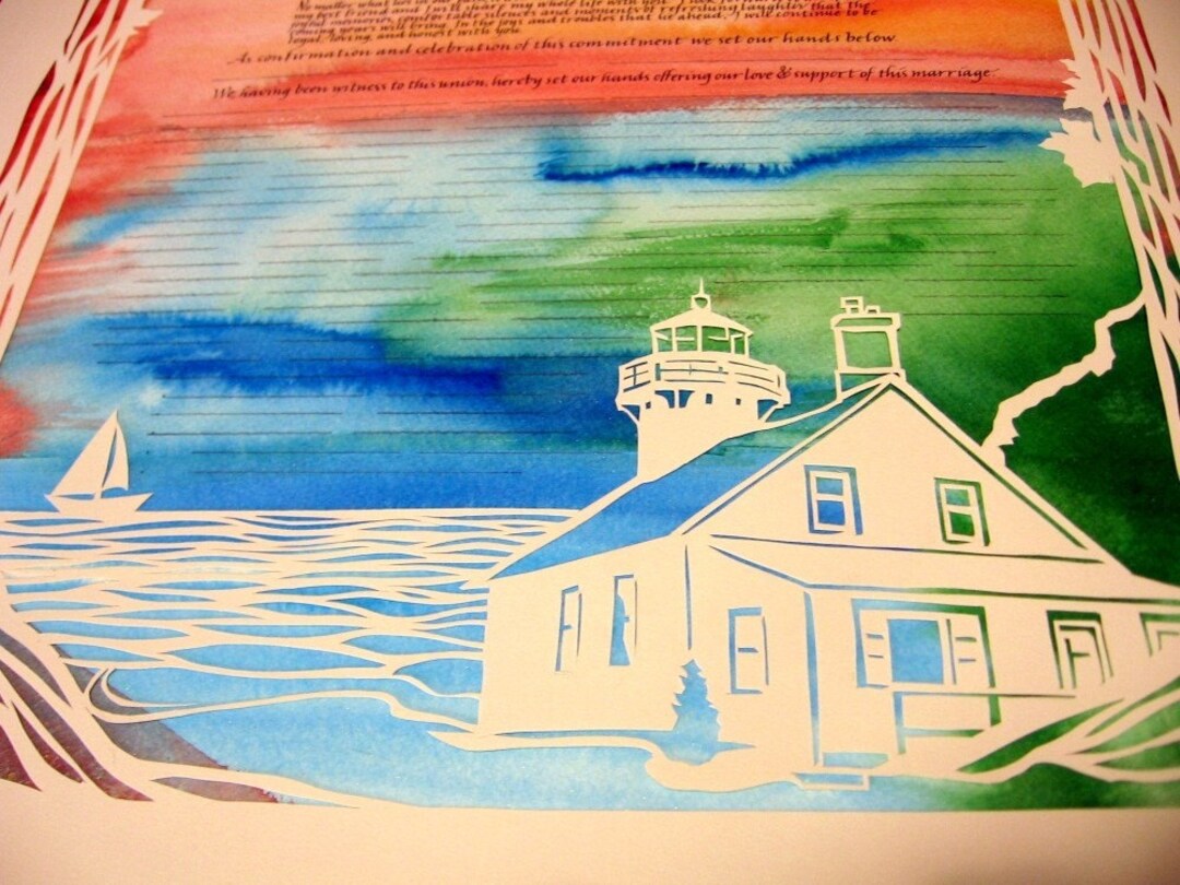 Old Mission Lighthouse Quaker Wedding Certificate - Papercut Ketubah ...