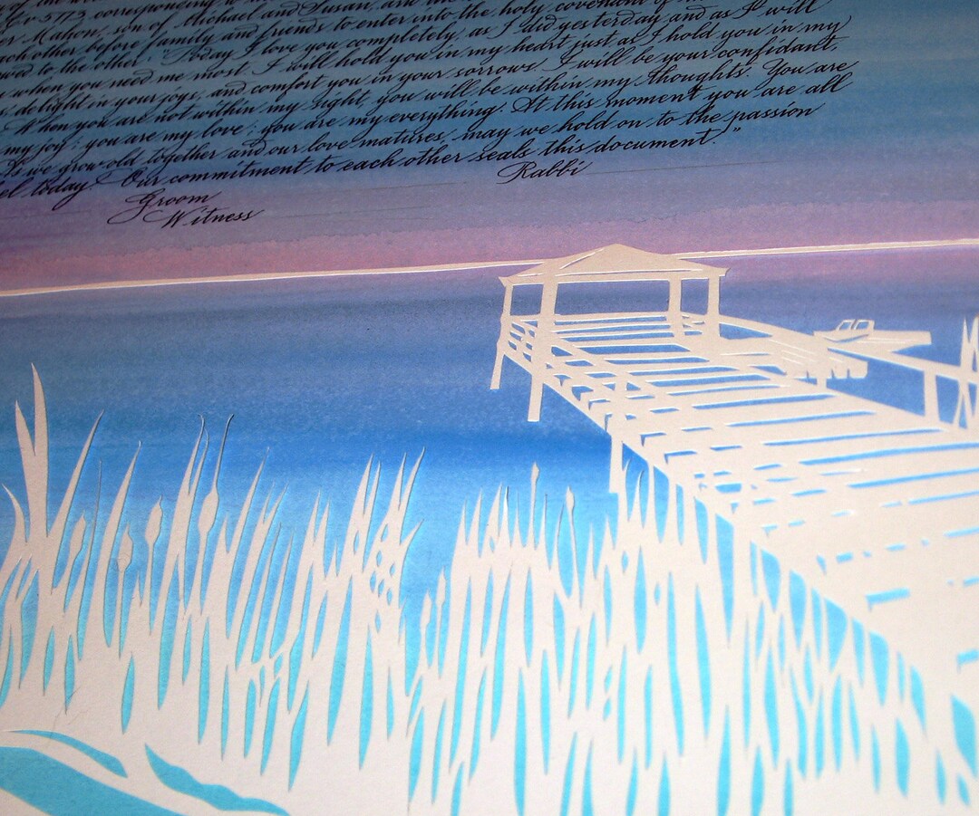 Live Oak Spanish Moss and Dock at Sunset - Papercut Ketubah - Wedding ...