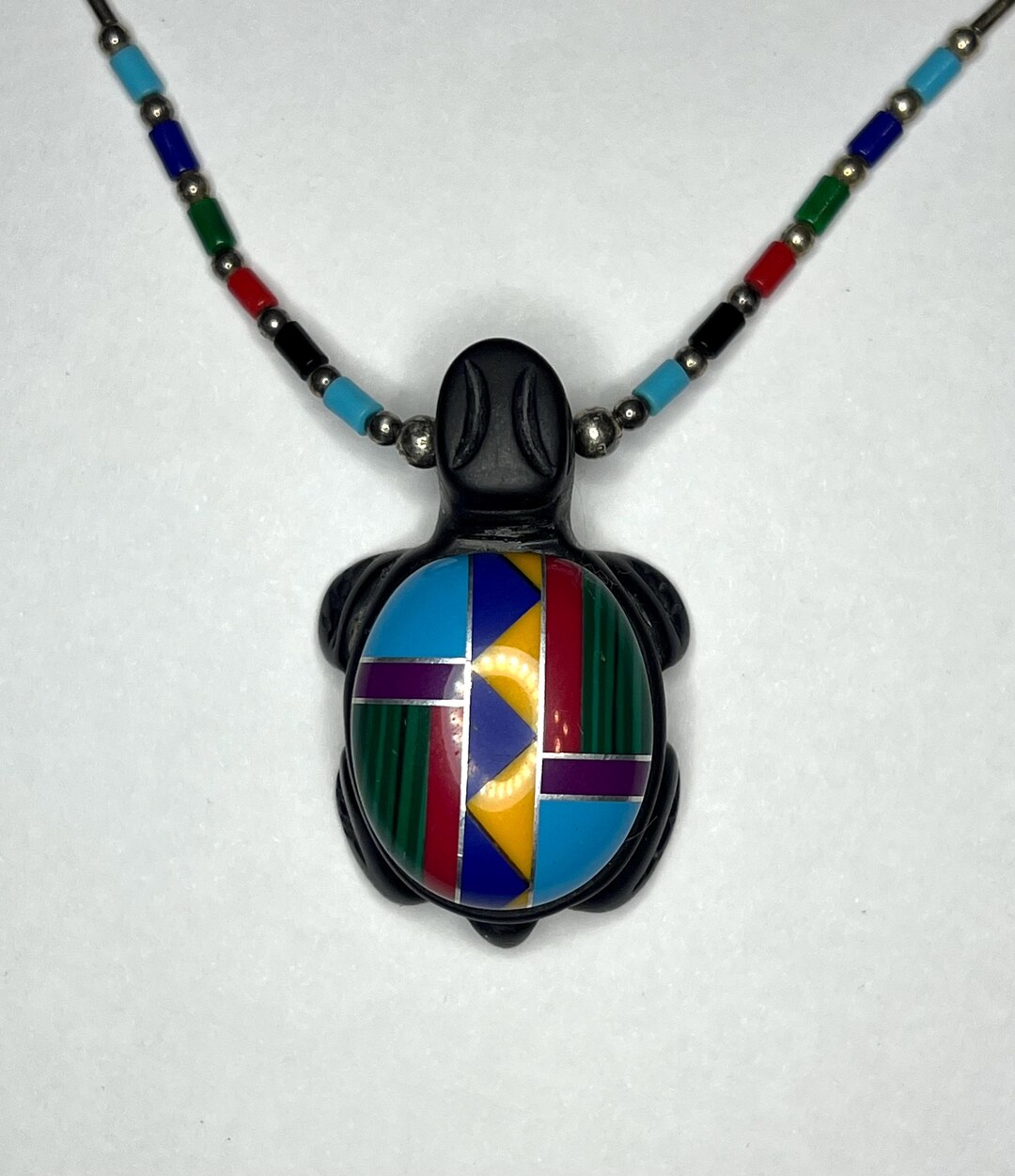 Southwest Sterling Silver & Carved Stone Zuni Inlay Turtle Pendant and ...