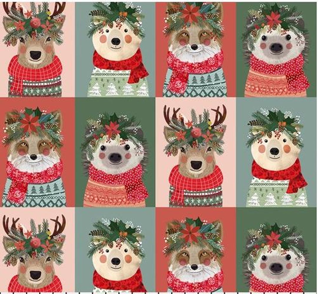 Christmas Squad Fabric | Deer Fox Porcupine Block Green | Free Spirit ...