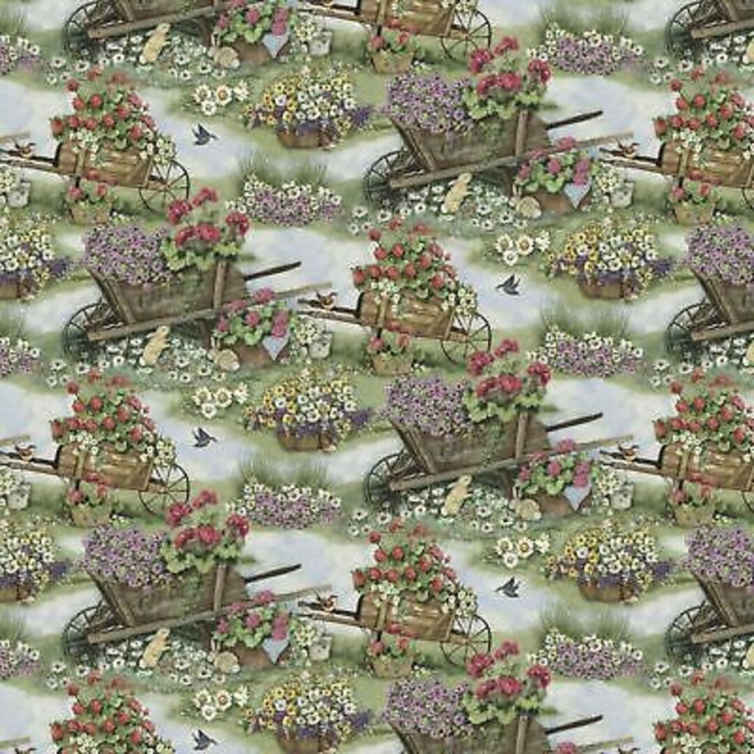 Susan Winget Fabric Primrose Lane Wheel Barrels Spring Floral Springs ...