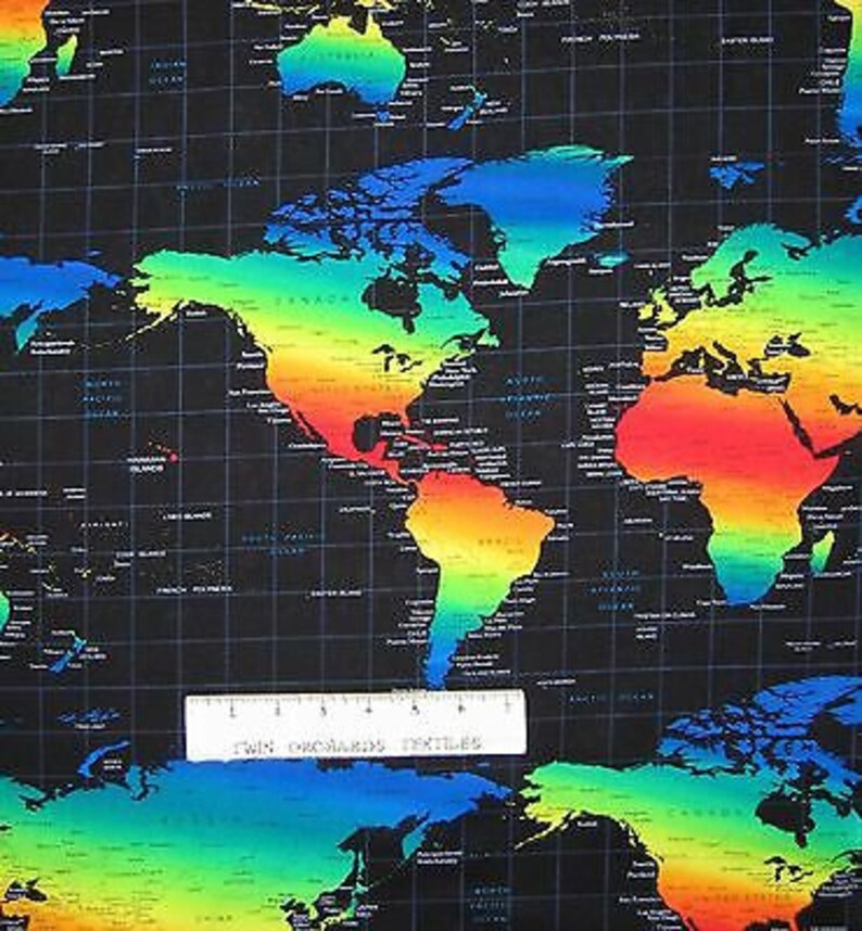 Map Fabric Kids World Country Continent Black Timeless | Etsy