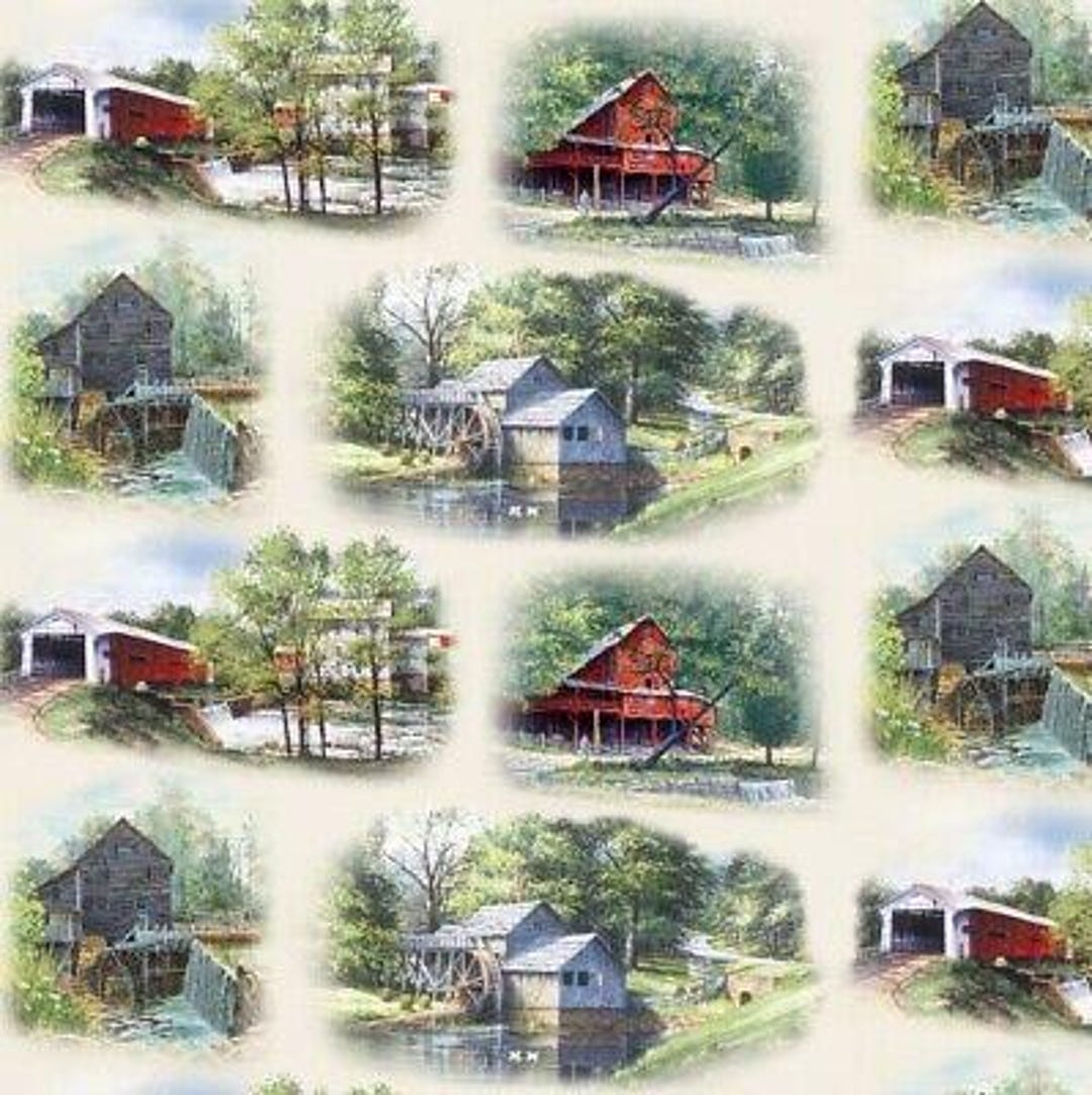 Old Mill Stream Fabric - Water Mill Scenes Cream - Elizabeth's Studio ...